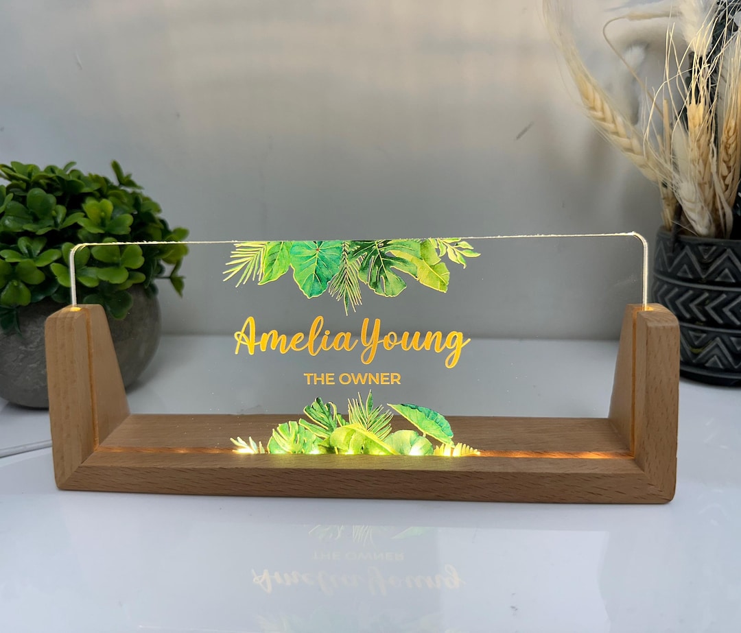 Personalized Desk Name Plate With Wooden Base, Lighted LED Light ...