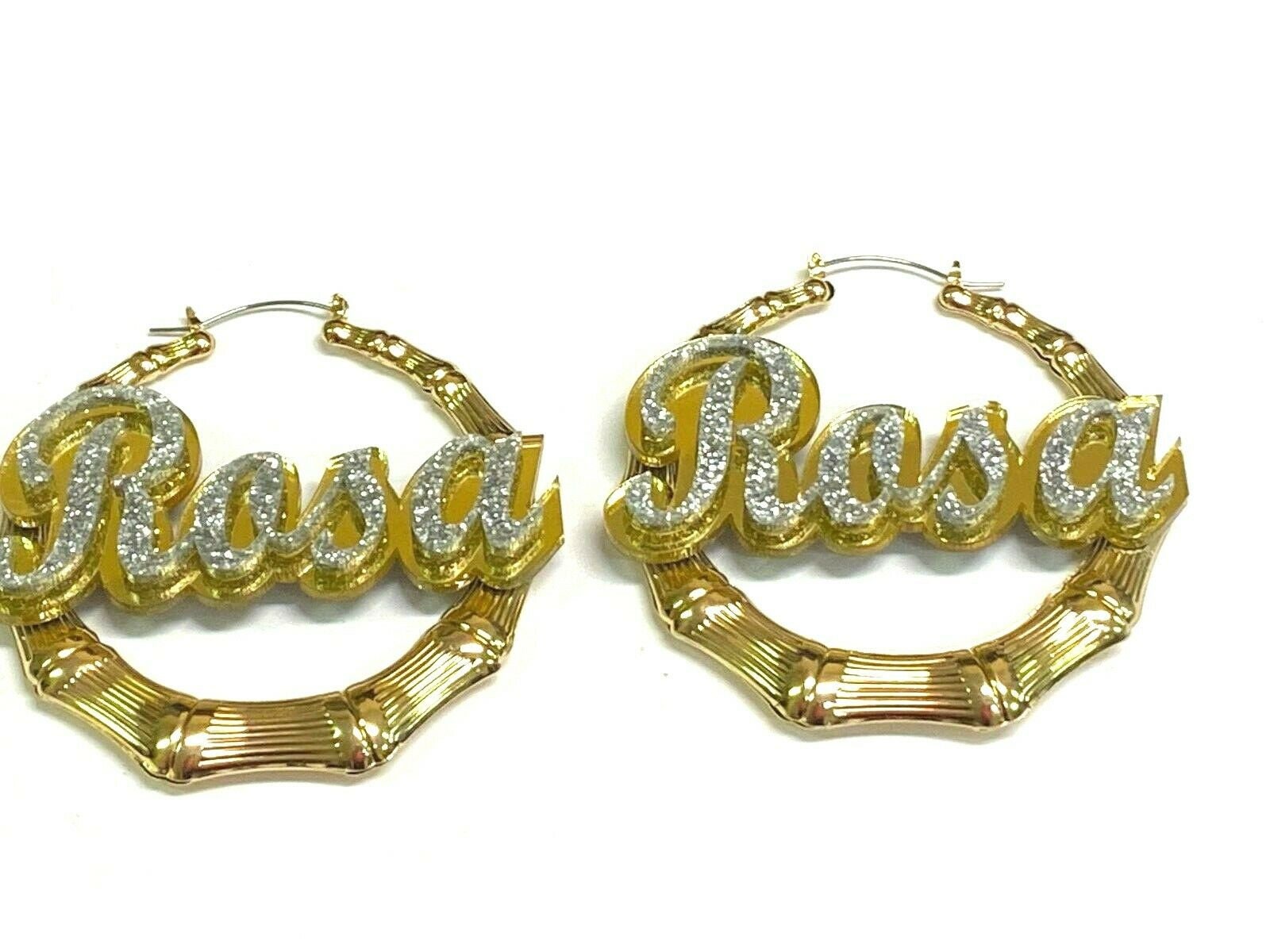 Gold Hoop Bamboo Earrings Name Plate Laser Cut Personalized | Etsy