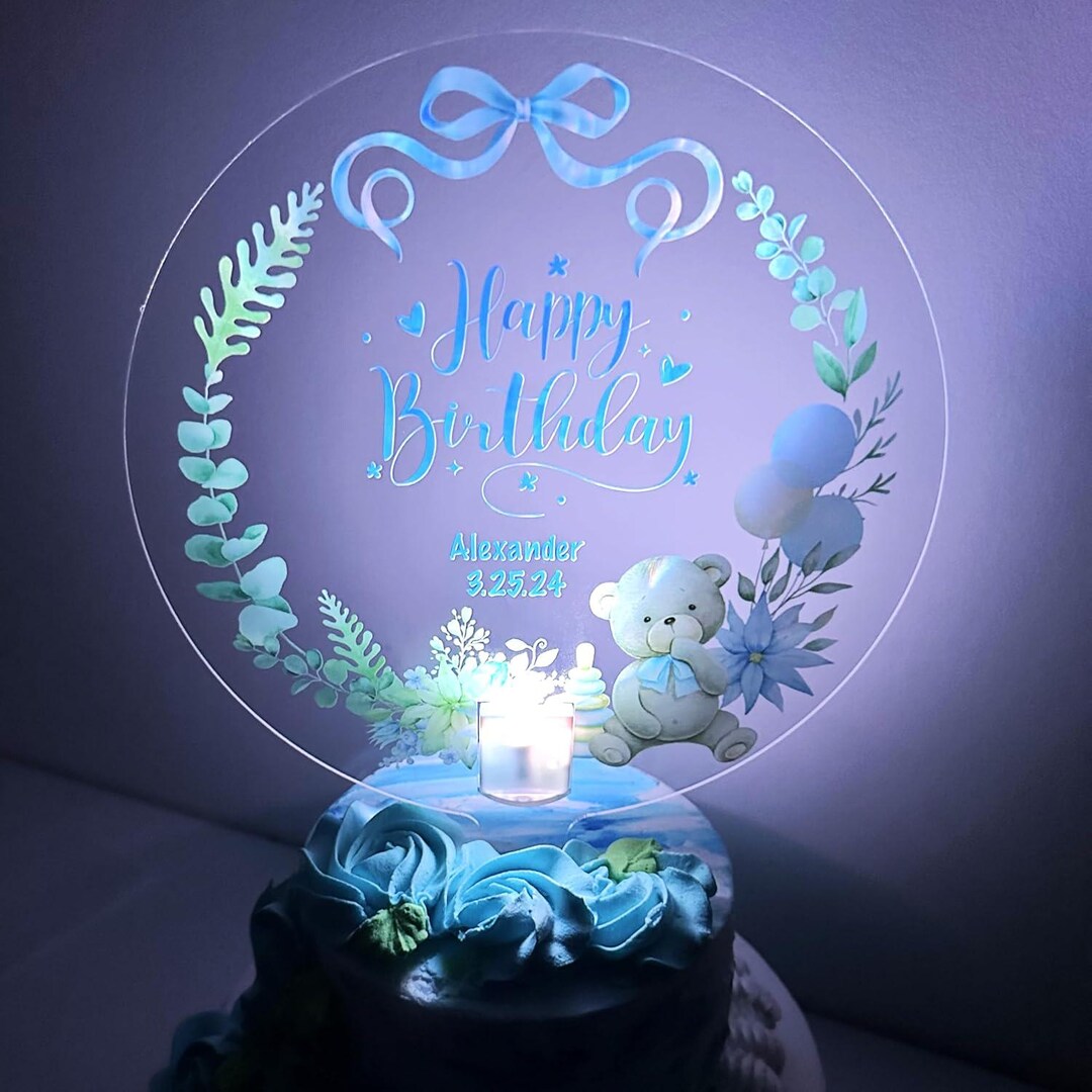 Custom - Happy Birthday Bear Blue Bow - Light up Cake Topper ...