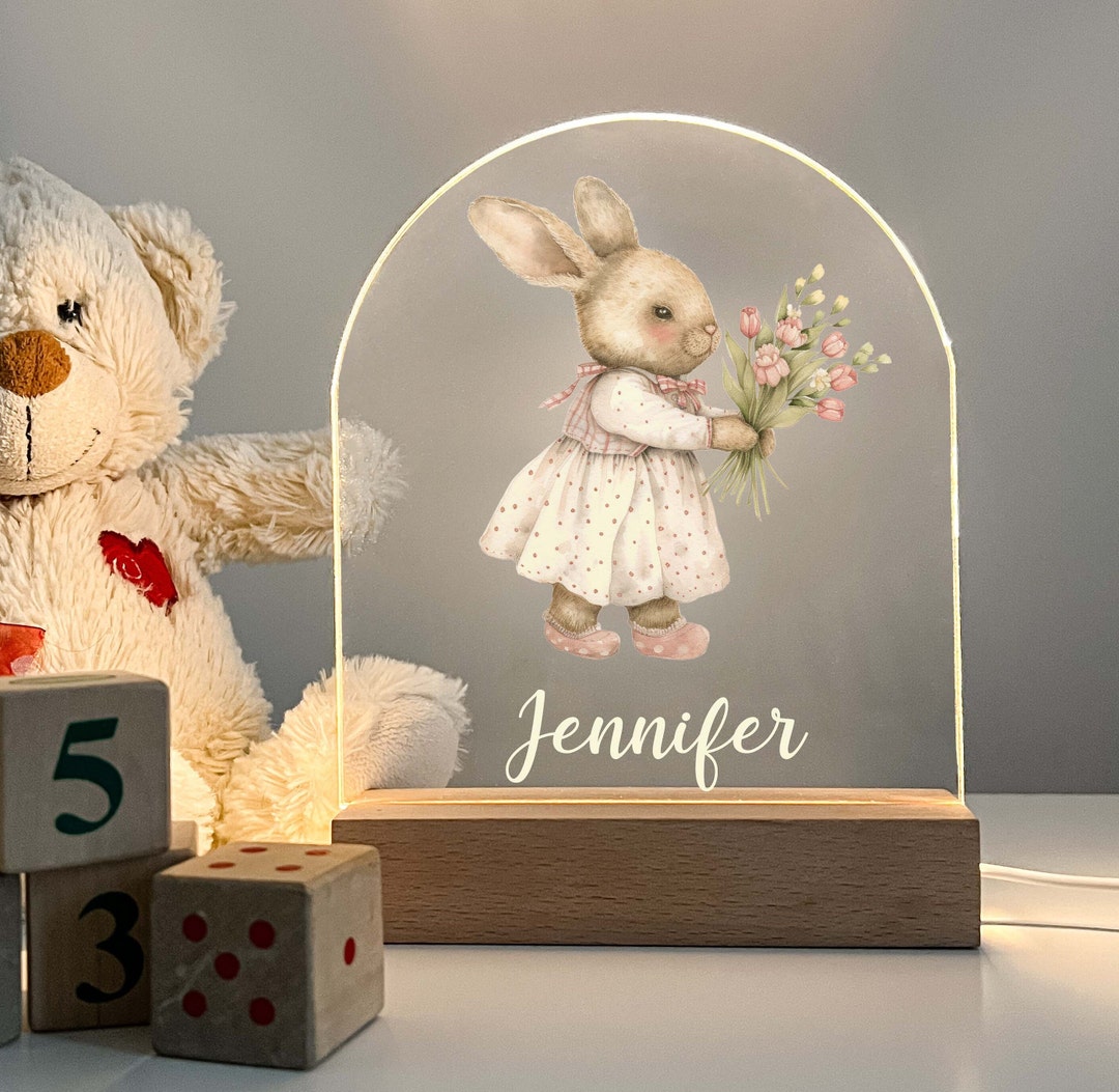 Too Cute to Resist Bunny Rabbit Night Light up Table Lamp Wood Base LED ...