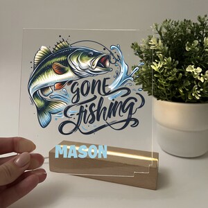 Gone Fishing Night Light up Desk Table Wood Stand Room Decor Fish Frame ...