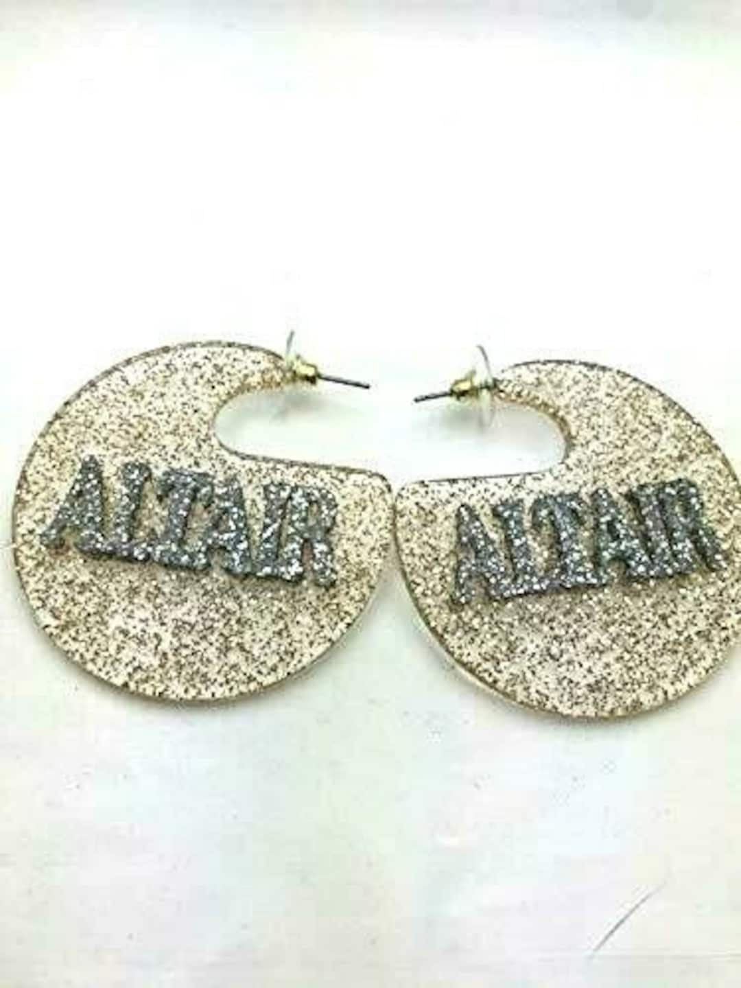 Gold Glitter Hoop Earrings Name Plate Laser Cut Personalized Custom ...