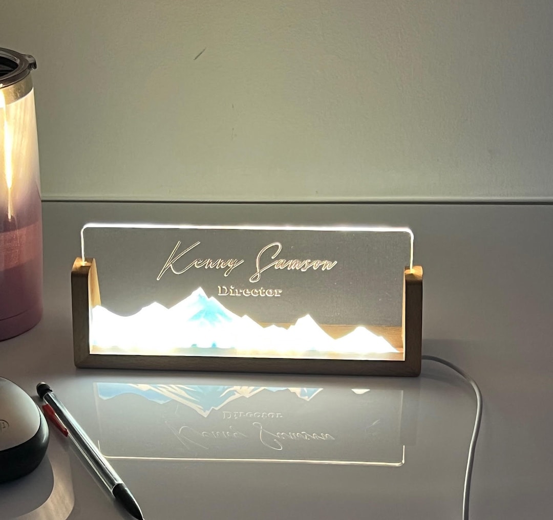 Personalized Desk Name Plate With Wooden Base, Lighted Acrylic ...