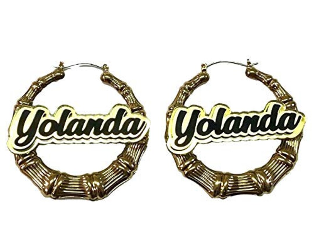 Gold Hoop Bamboo Earrings Name Plate Laser Cut Personalized - Etsy
