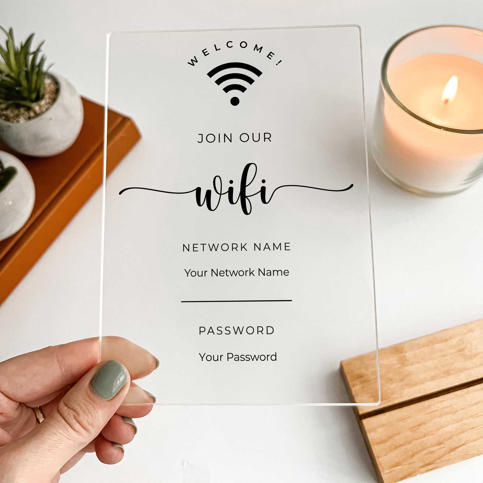 Custom Personalized Wood Base Desk Table Stand Wifi Password & Network ...