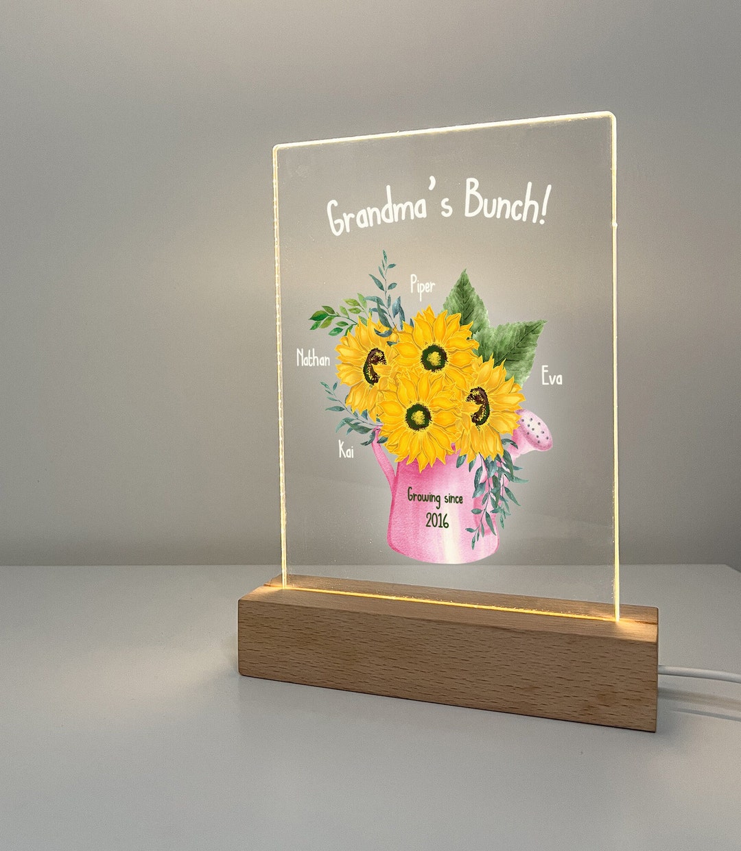 Grandma's Bunch Custom Personalized LED Wood Base Light up Lamp Flower ...
