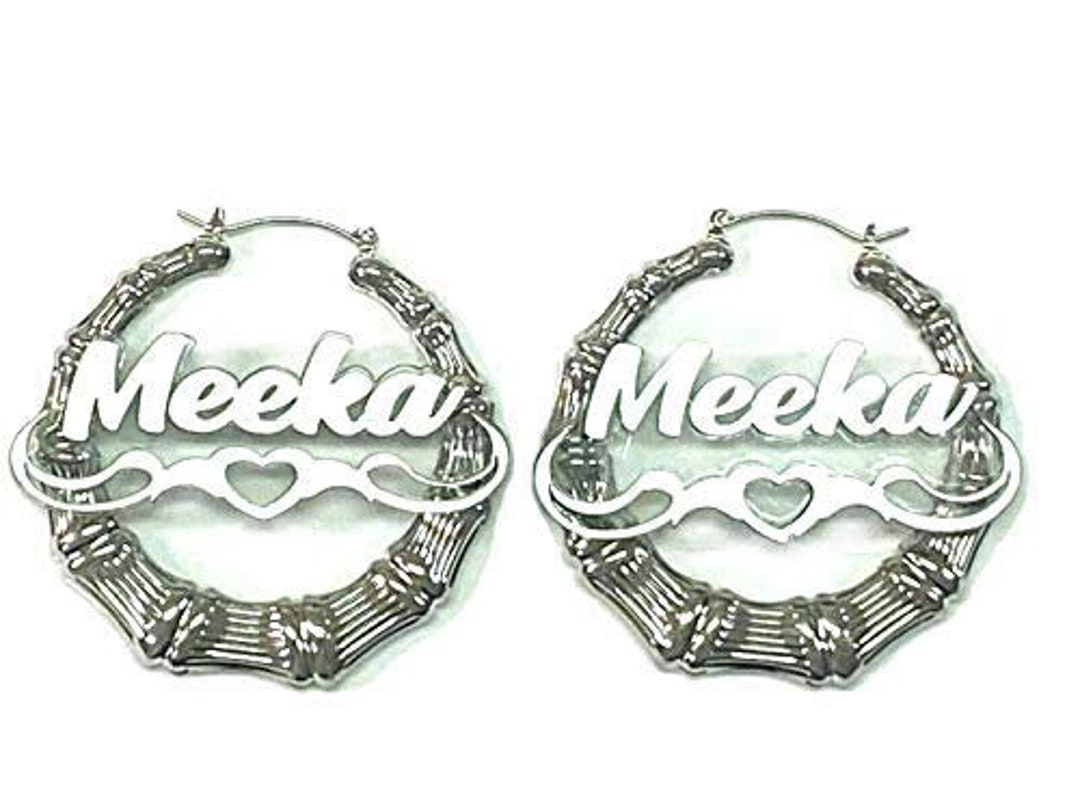 Silver Hoop Bamboo Earrings Name Plate Laser Cut Script Personalized ...