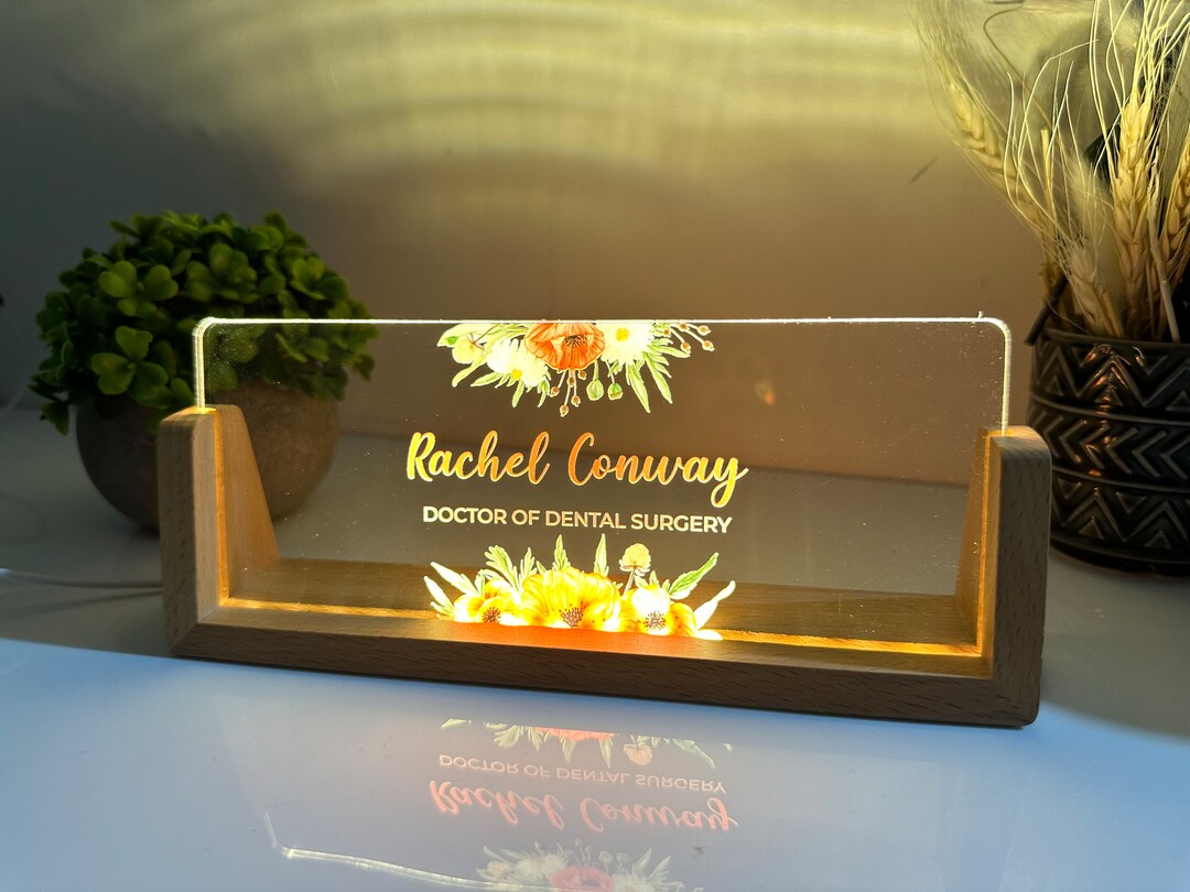 Personalized Desk Name Plate With Wooden Base, Lighted LED Light ...