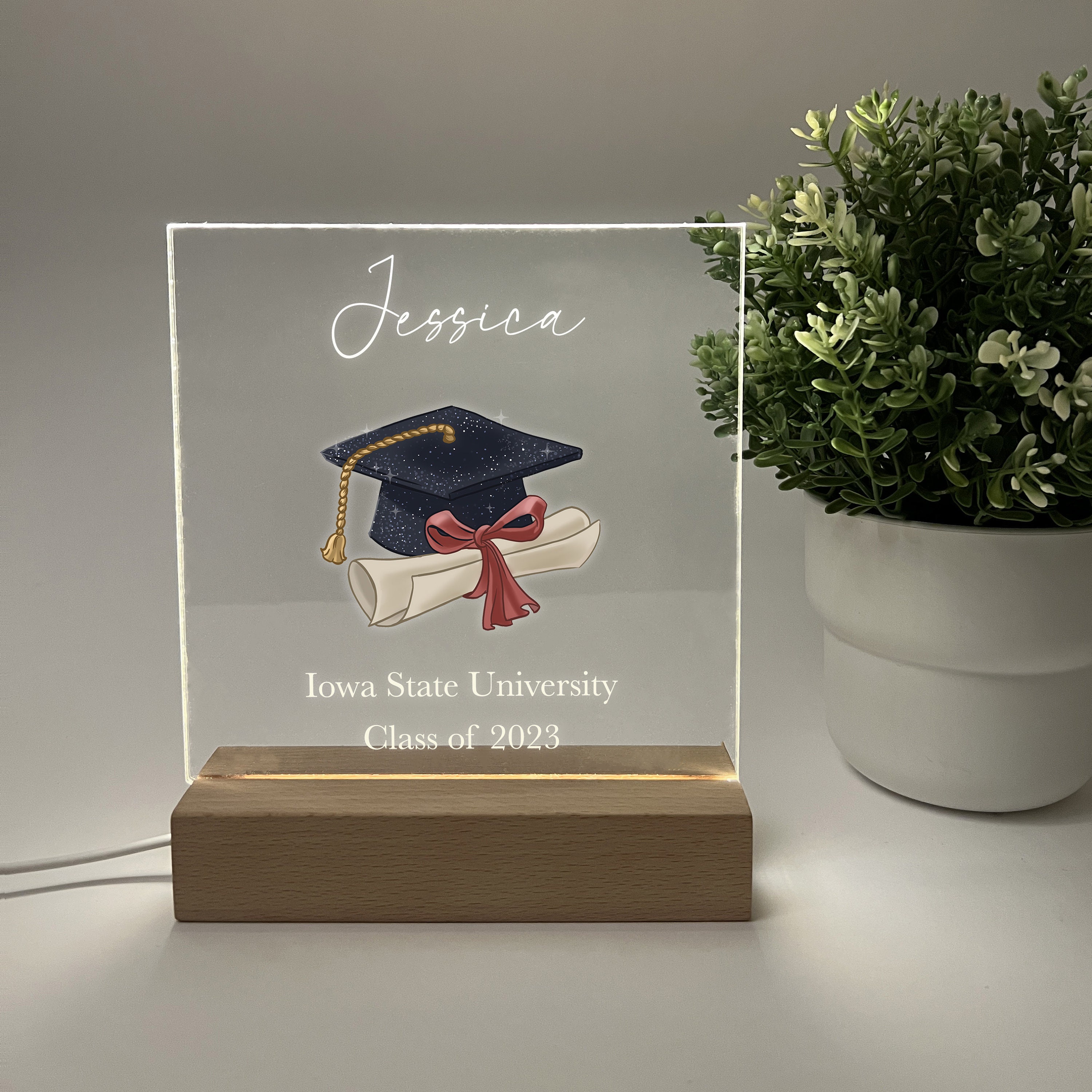Personalized Light Wood Base LED Desk Stand Custom Graduation Cap ...