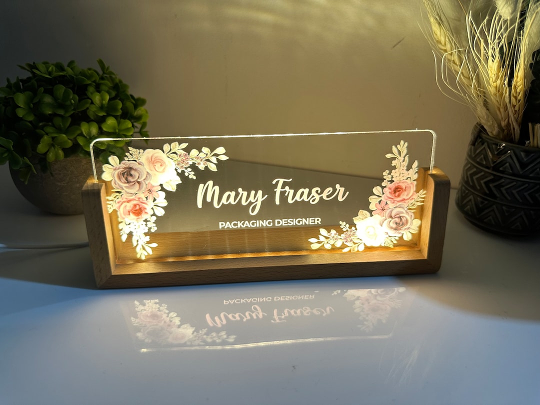 Personalized Desk Name Plate With Wooden Base, Lighted LED Light ...