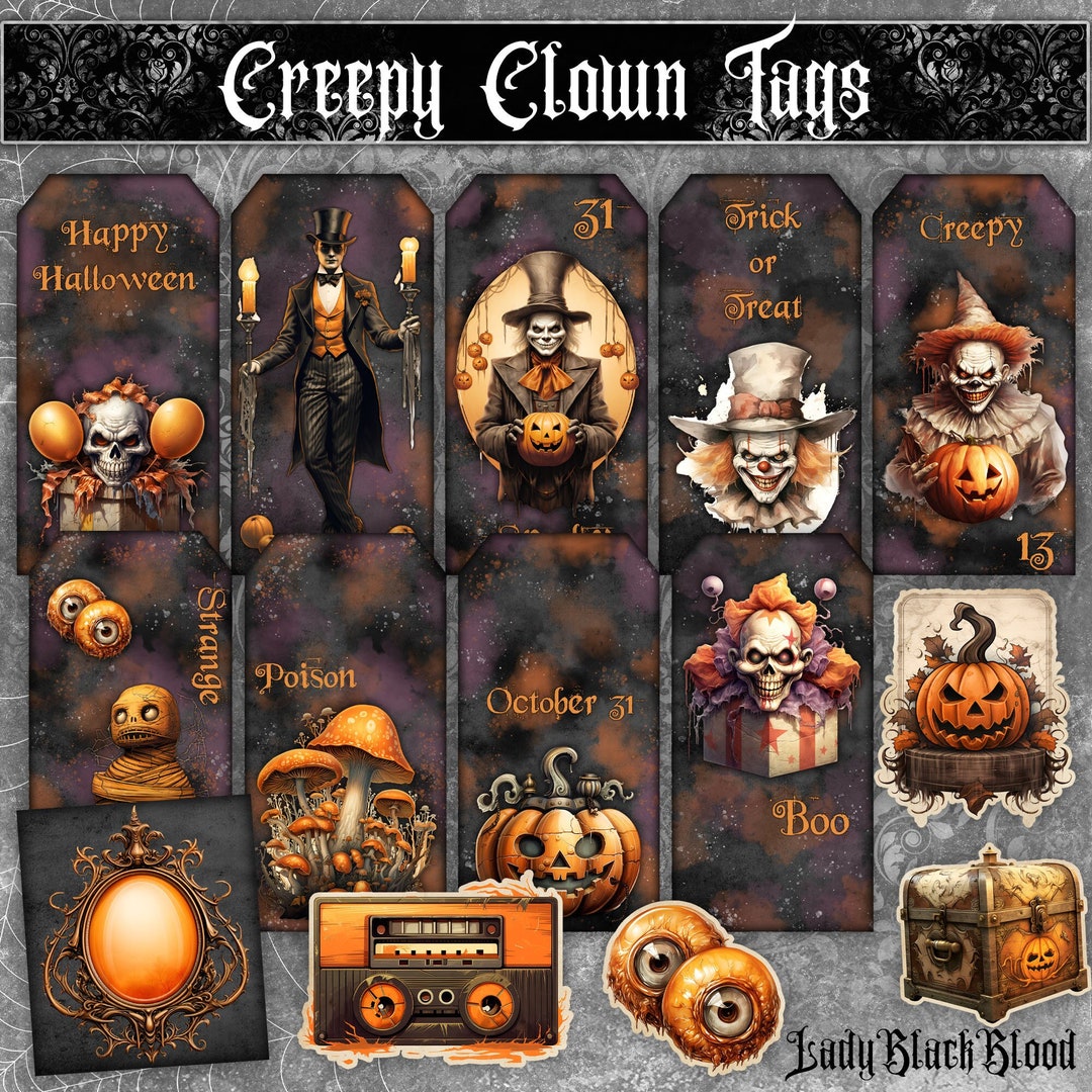 Creepy Clown Tags, Halloween Journal Tags, Halloween Junk Journal ...