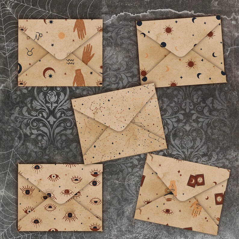 Celestial Mystical Envelopes and Card Inserts on Vintage Background and ...