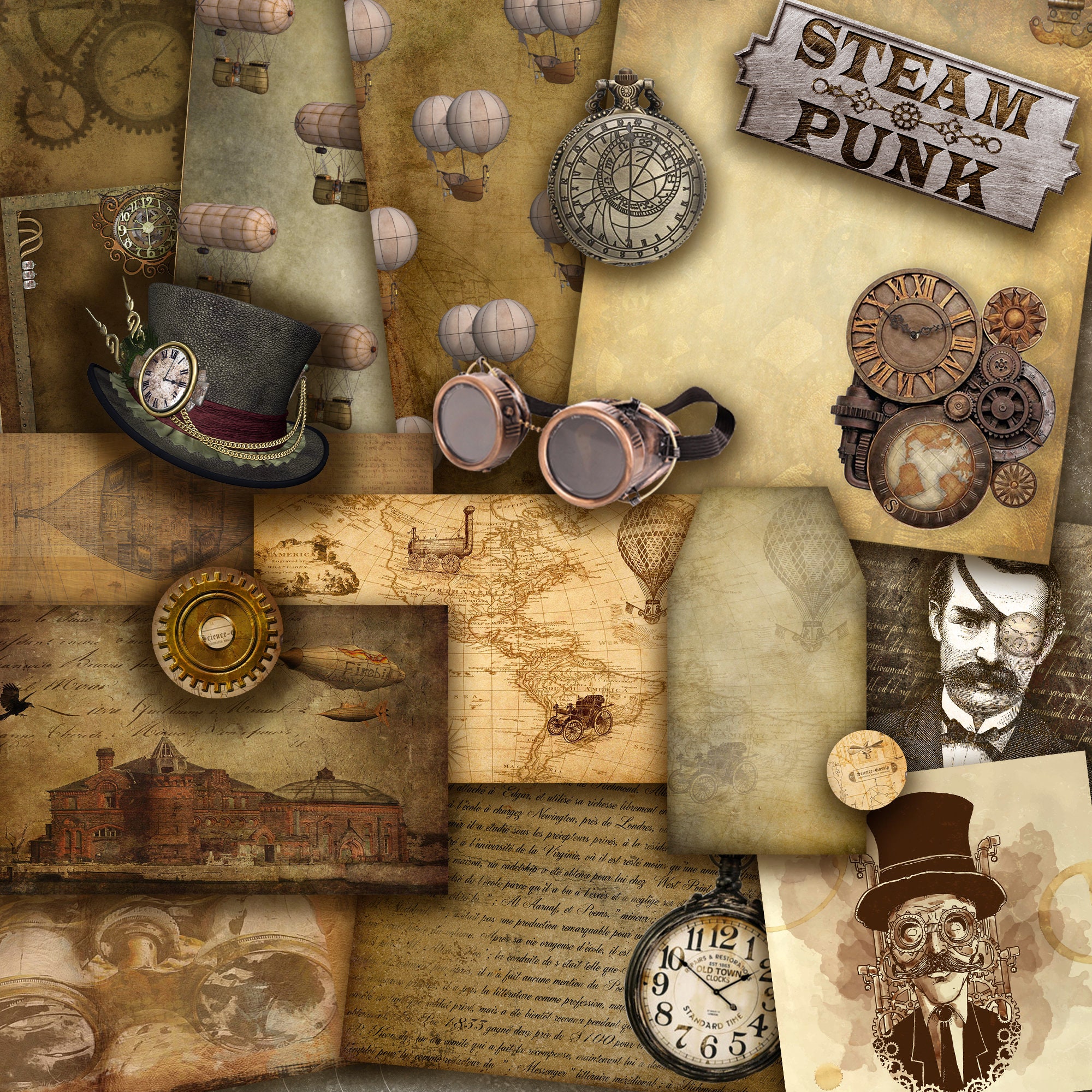 Steampunk Collage Kitseamless Patternsvintage | Etsy