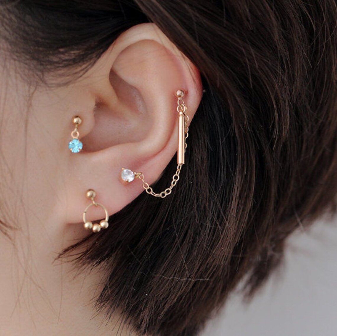 Linked pair of barbells for multiple piercings. 14k gold | Etsy