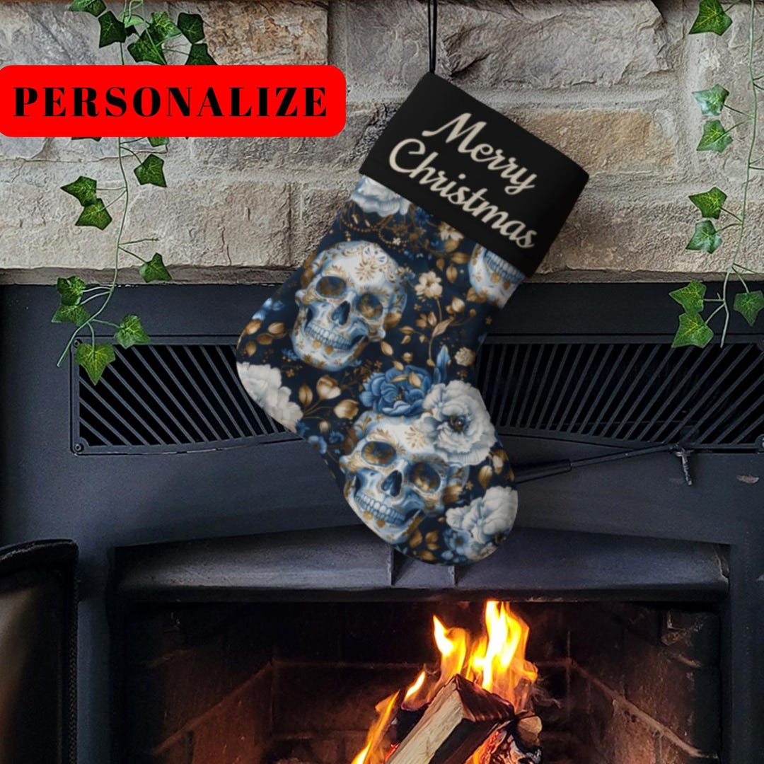 Skulls and Flowers Christmas Stocking, Personalized Gothic Xmas ...
