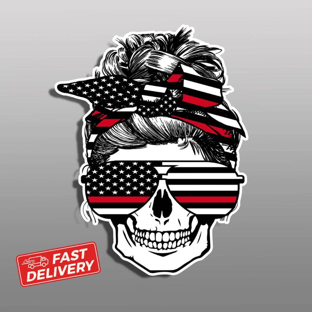 Thin Red Line Skull Decal: Firefighter Messy Bun, American Flag - Etsy