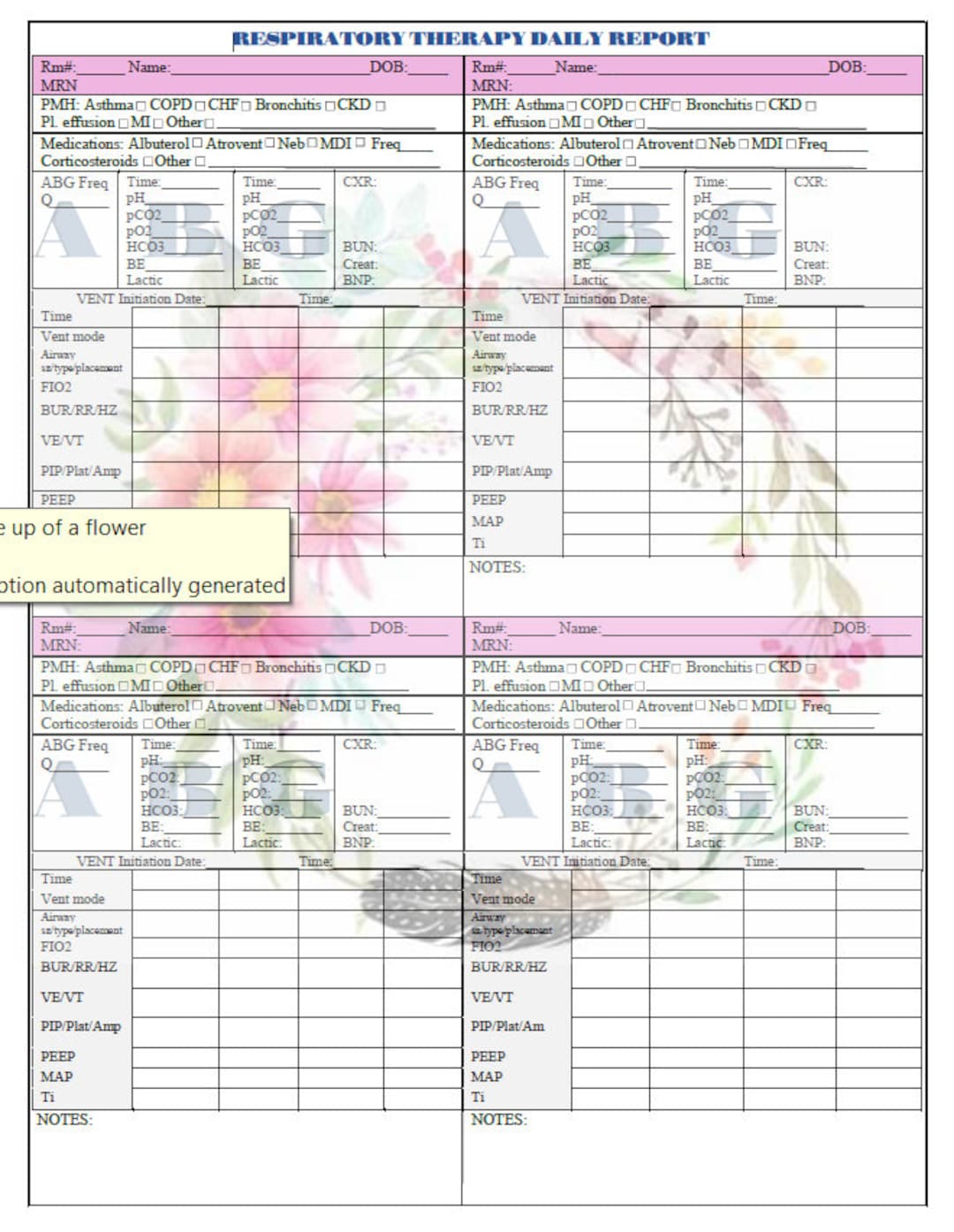 Respiratory Therapist Report Sheet - Etsy