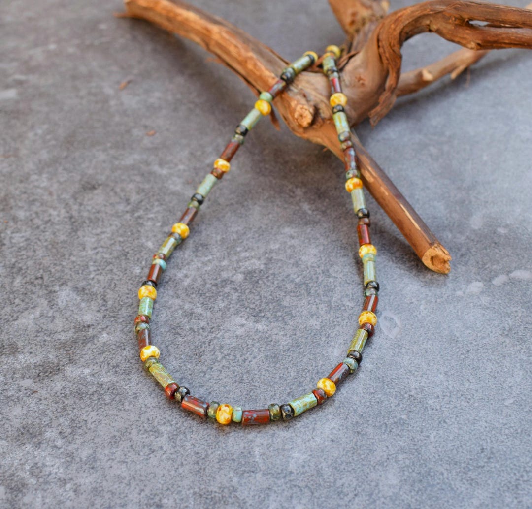 Rustic Necklace With Aged Glass Tube Beads, Bohemian Boho Primitive ...