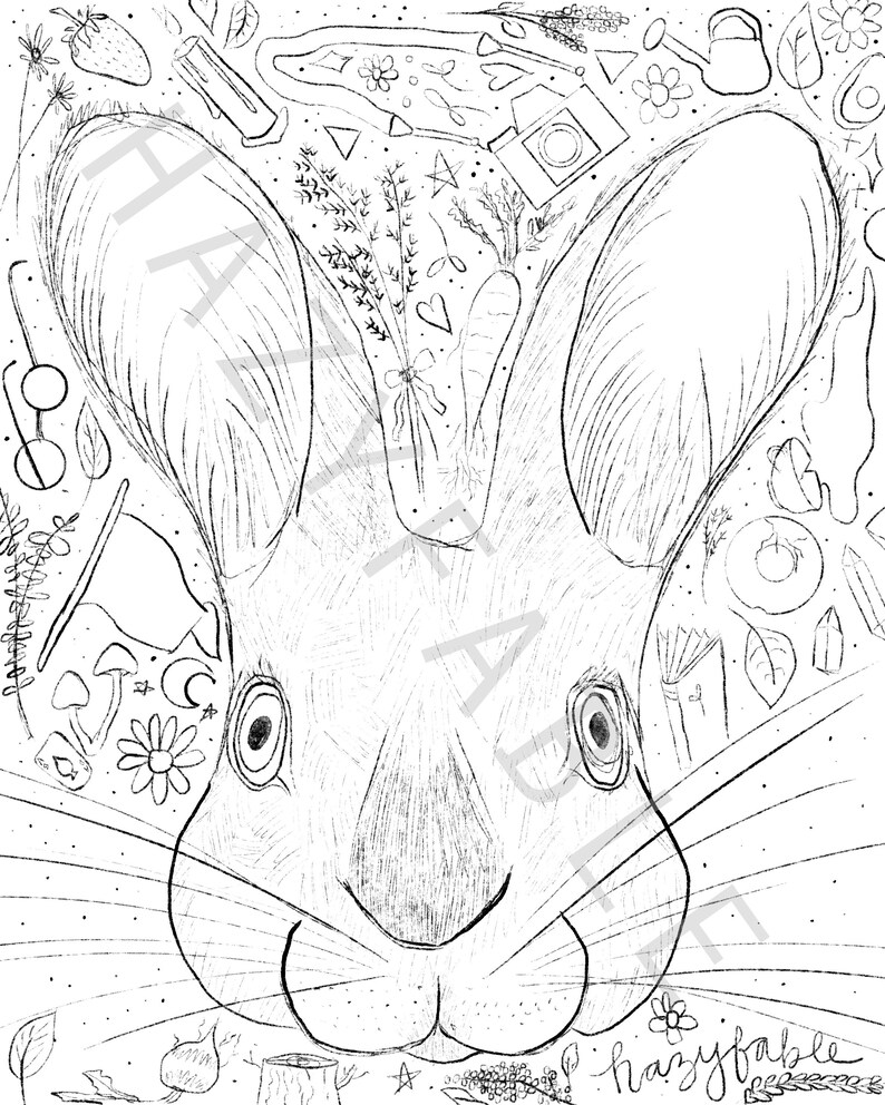 Cottagecore Rabbit Coloring Sheet || Digital Download || Hand Drawn - Etsy