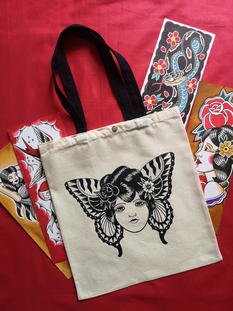 Traditional Totebag Tattoo Woman Butterfly - Etsy