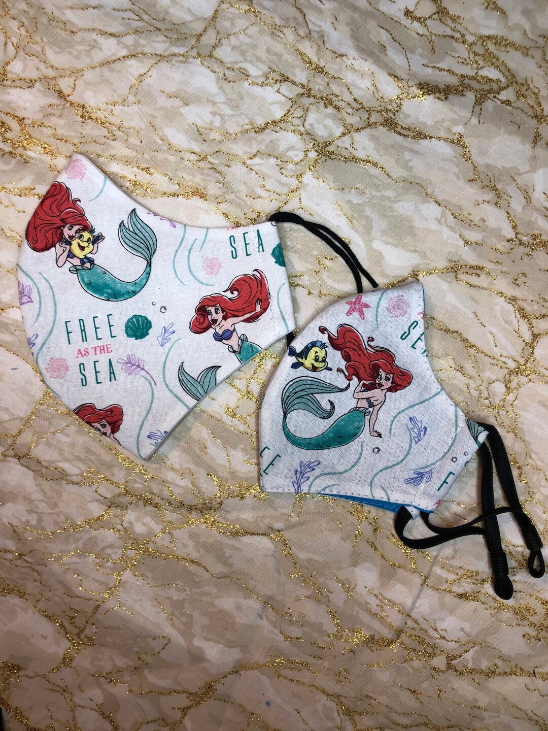 Little Mermaid Ariel and Flounder Adjustable Fabric Face Mask, Disney ...