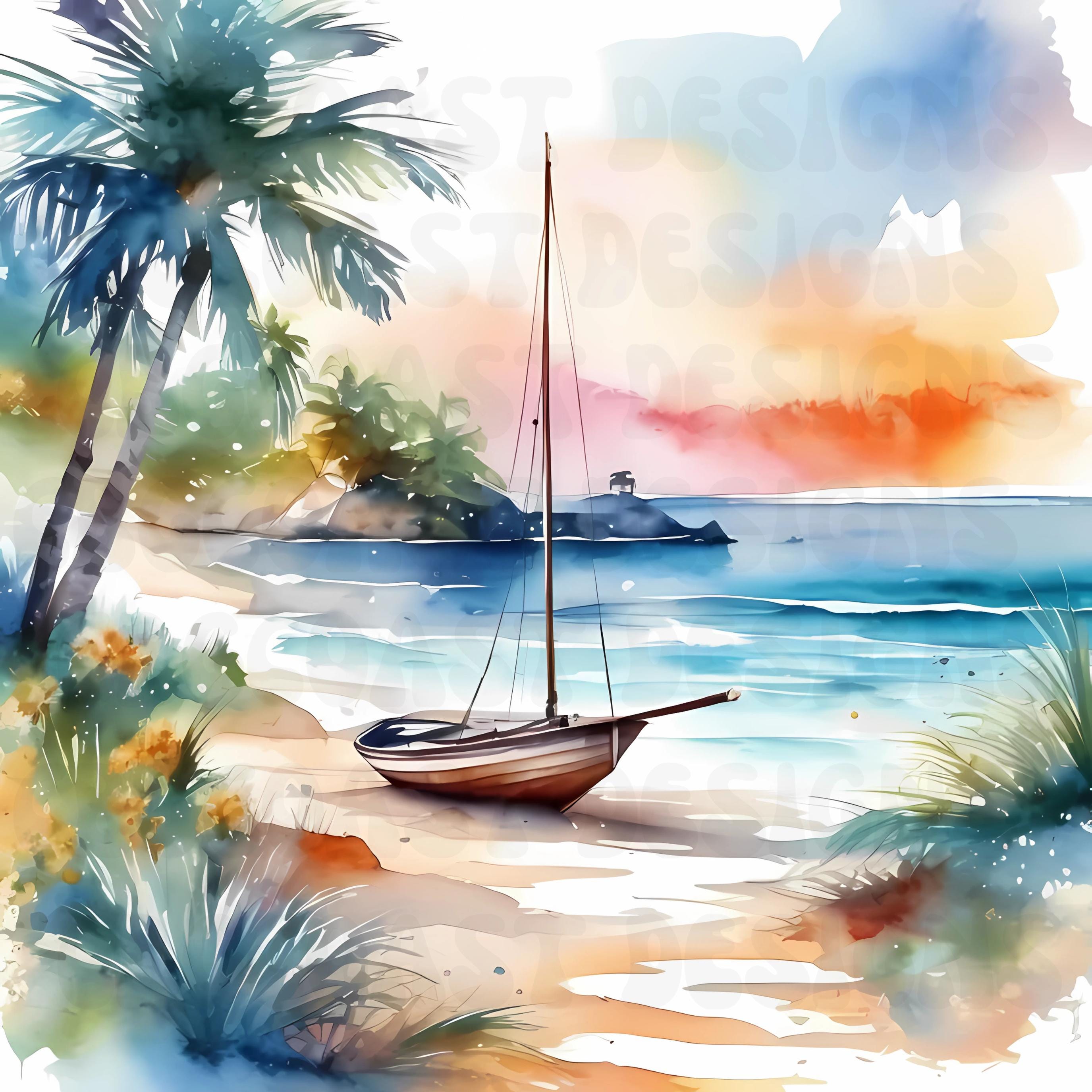 Sunset Boat in Sand Watercolor Beach Scene Background PNG - Etsy