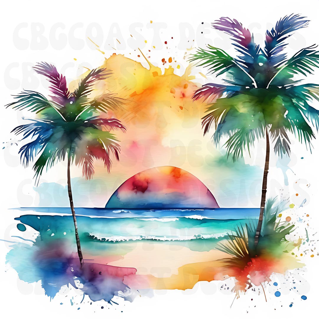 Rainbow Palm Trees Sunset Ocean Digital Image for Craft Card Design ...