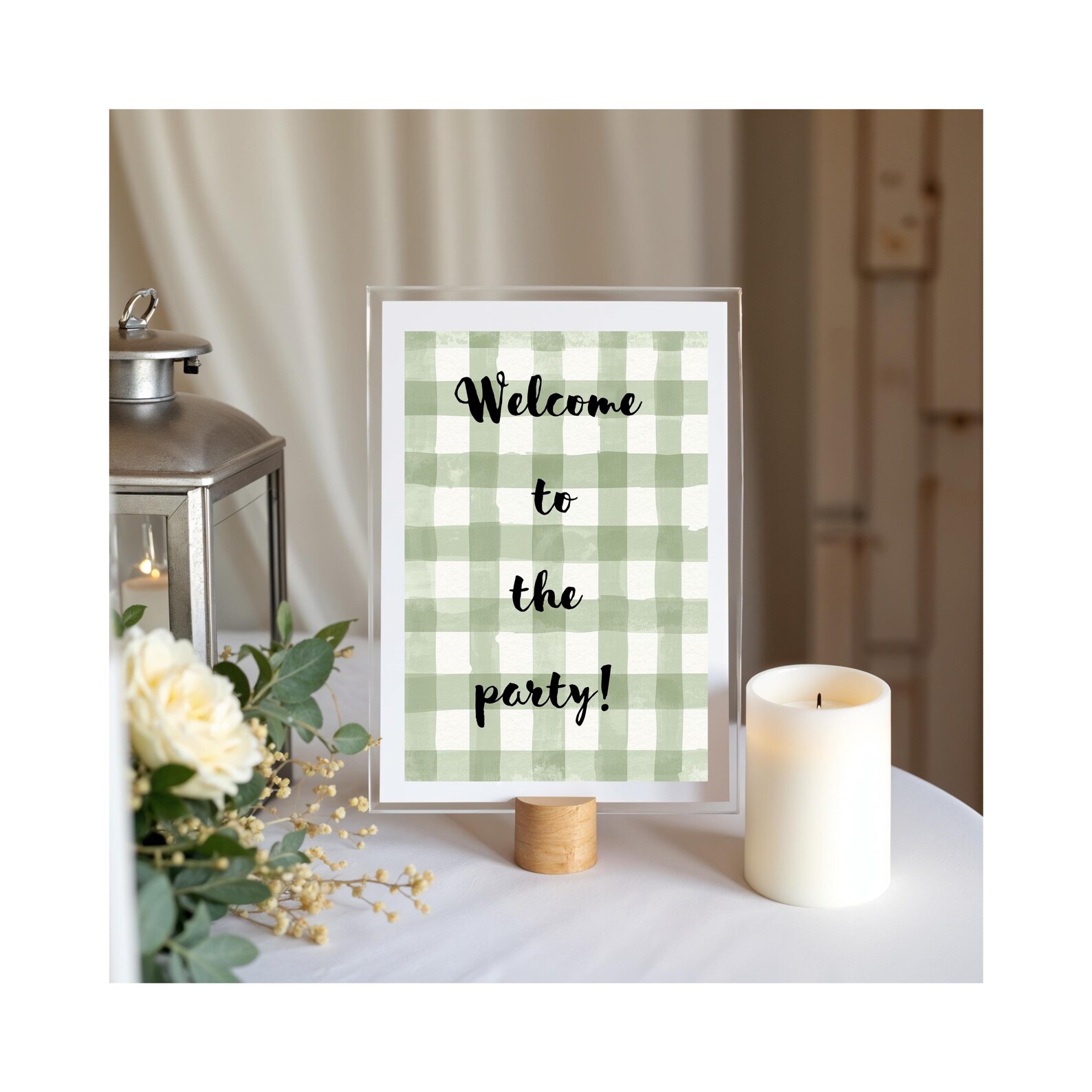 Sage Green White Gingham Plaid Watercolor Invitation Background PNG - Etsy