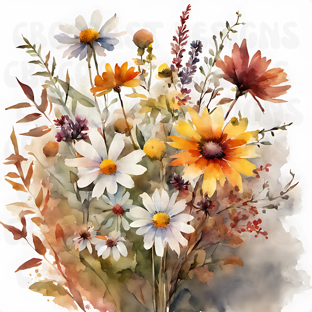 Autumn Daisy Mum Fall Bouquet Watercolor Pattern Design Digital Pattern ...