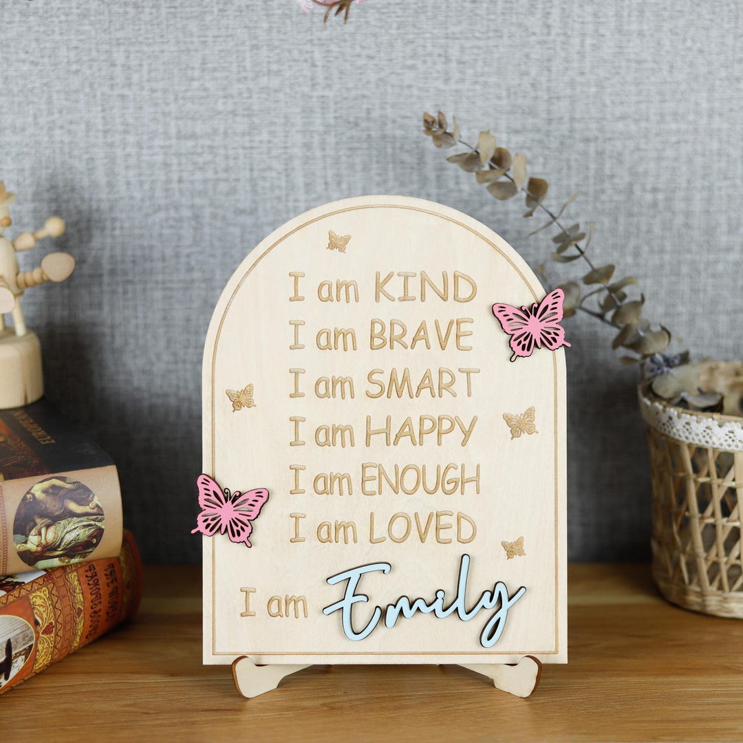 Personalized Positive Affirmation Wooden Sign for Girl, Butterfly Daily ...