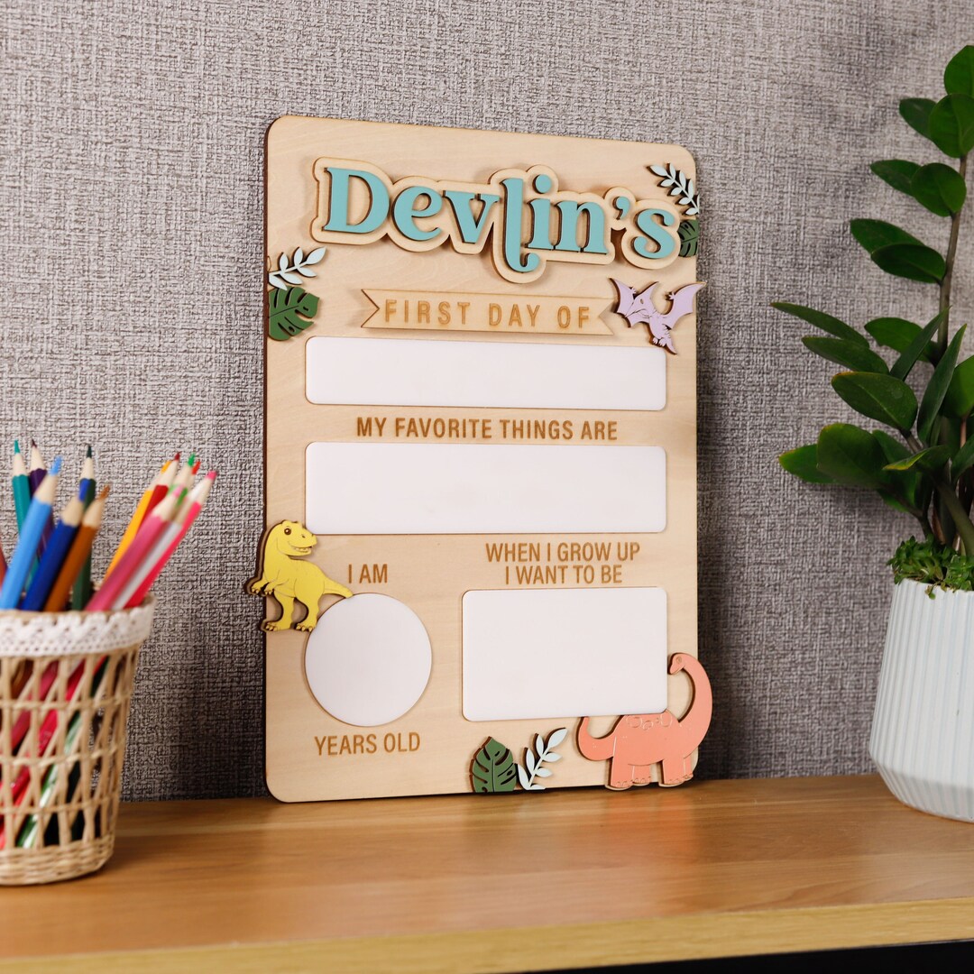 Dinosaur-themed Wooden School Board Sign, Personalized Back to School ...