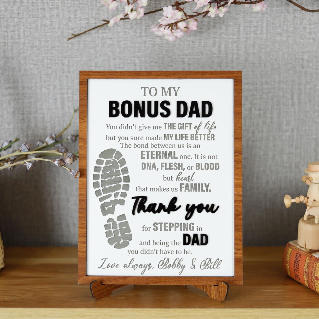 Personalized to My Bonus Dad Wooden Sign, Dad Footprint Sign, Bonus Dad ...
