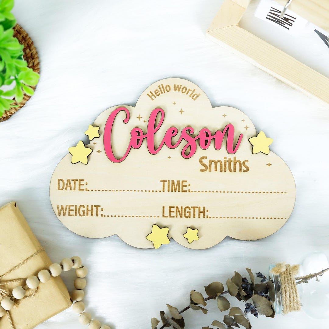 Personalized Cloud Baby Name Sign, Stars & Cloud Birth Announcement, 3D ...