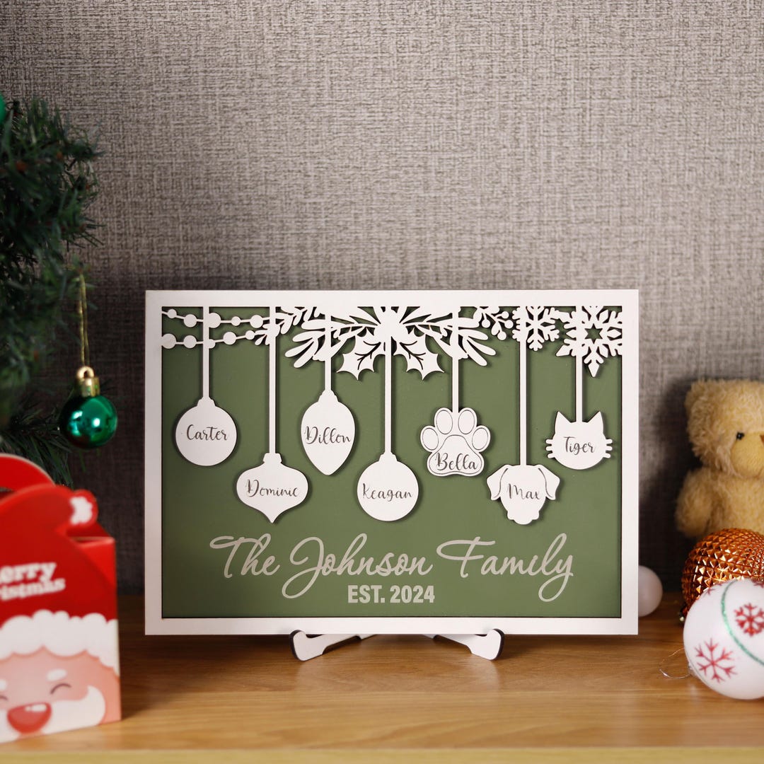 Personalized Christmas Family Name Sign With Kids & Pet Paws, Custom ...