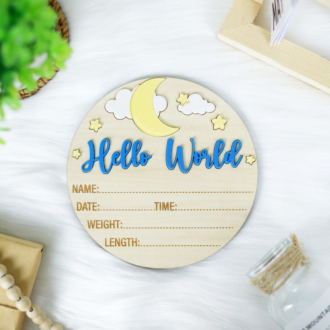 Acrylic Hello World Baby Sign, Moon & Cloud Baby Announcement Sign ...