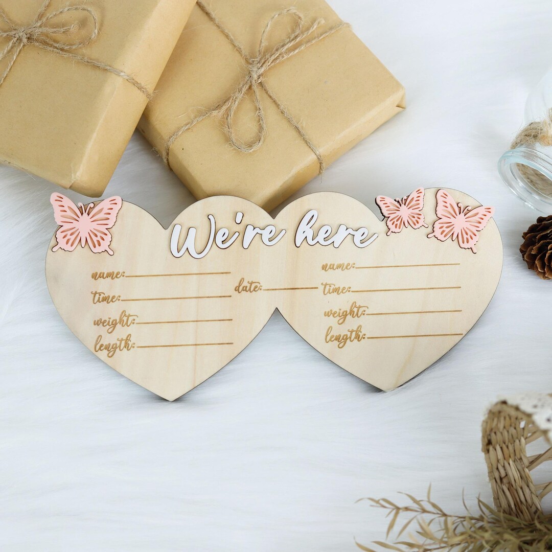 Twin Baby Announcement Sign, Butterfly Birth Stats, We're Here Twin ...