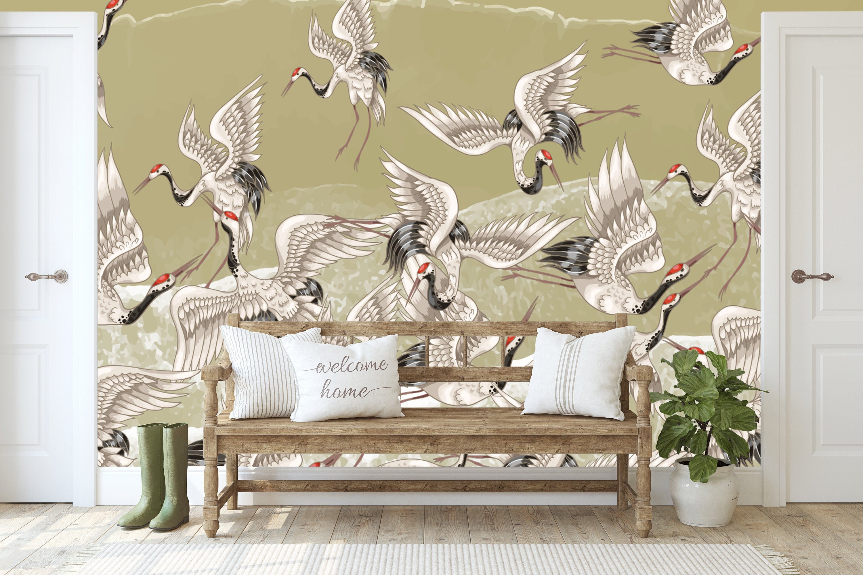 Crane Bird Wallpaper Crane Wallpaper Crane Green Wallpaper - Etsy