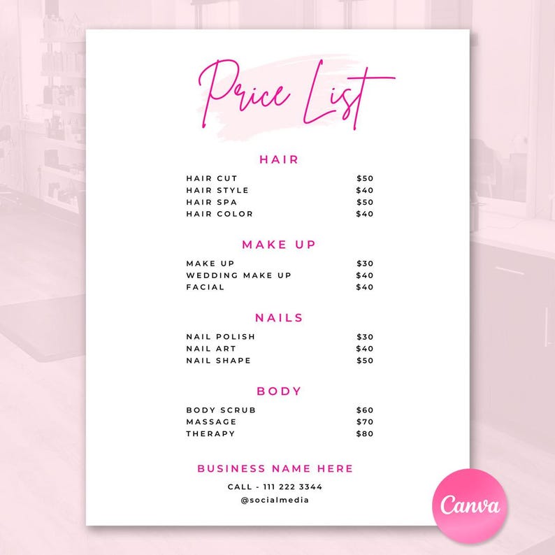 Editable Pink Beauty Salon Price List Template (canva) - Etsy
