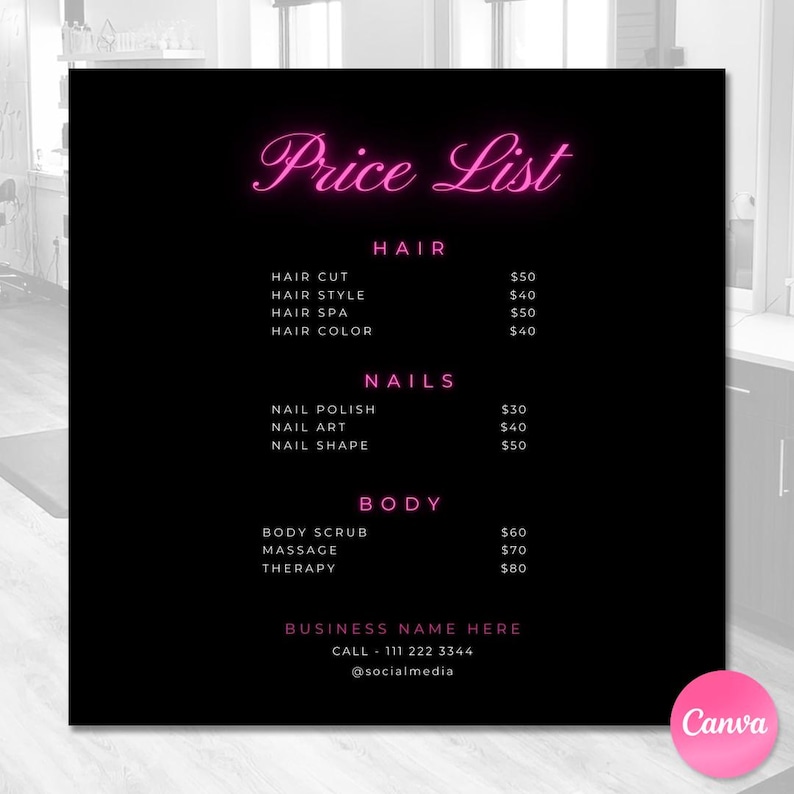 Editable Beauty Salon Price List Template, Pink Flyer (canva) - Etsy