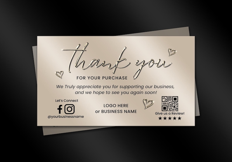 Editable Business Thank You Card Template, Gold Hearts (canva) - Etsy