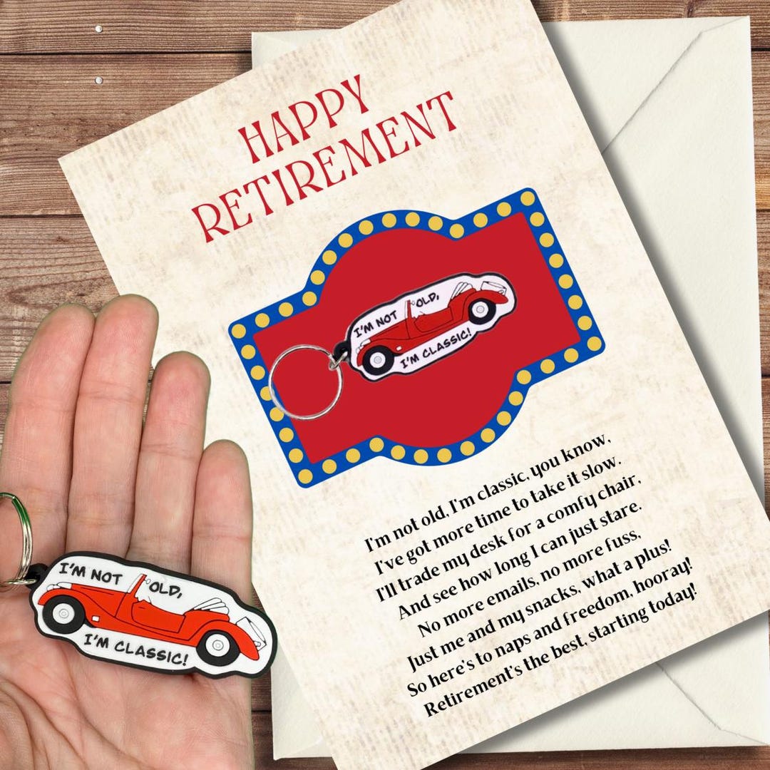 Retirement Funny Card With Classic Car Keyring Gift. Personalised ...