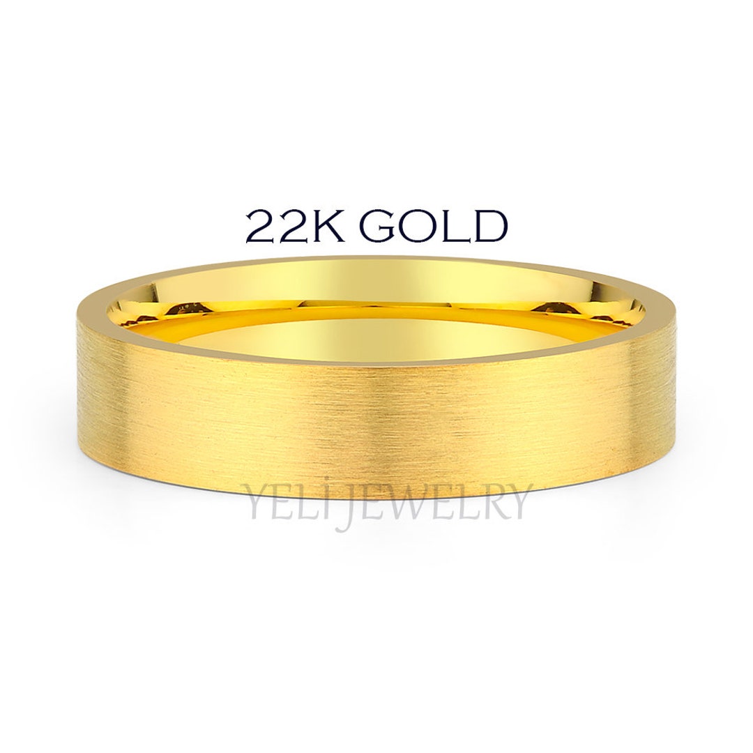 22k Solid Gold Wedding Band, Plain, 5mm Brushed Flat Comfort Fit, Mens ...