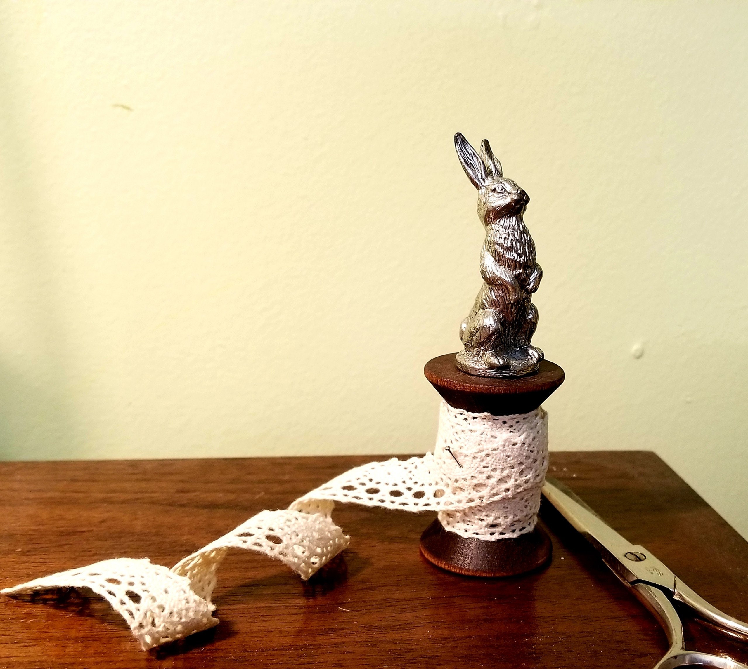 Pewter Bunny Rabbit SEWING ROOM DECOR Spool Art Wooden | Etsy