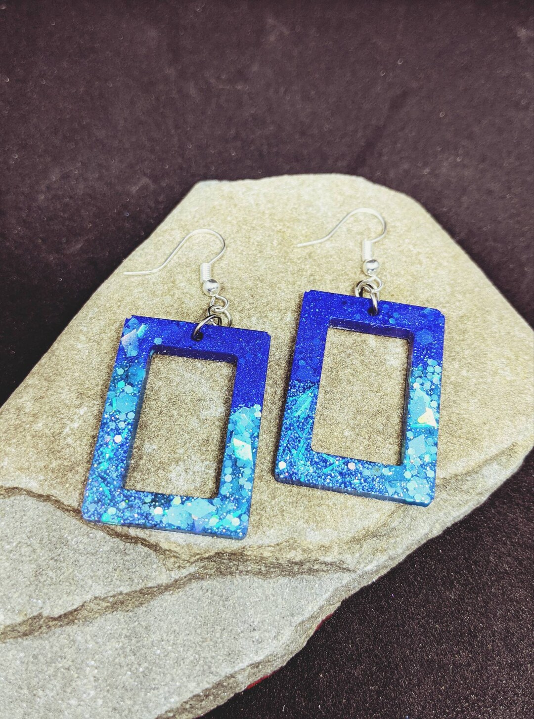Blue Glitter Sparkle Rectangle Handmade Unique Earrings Resin - Etsy