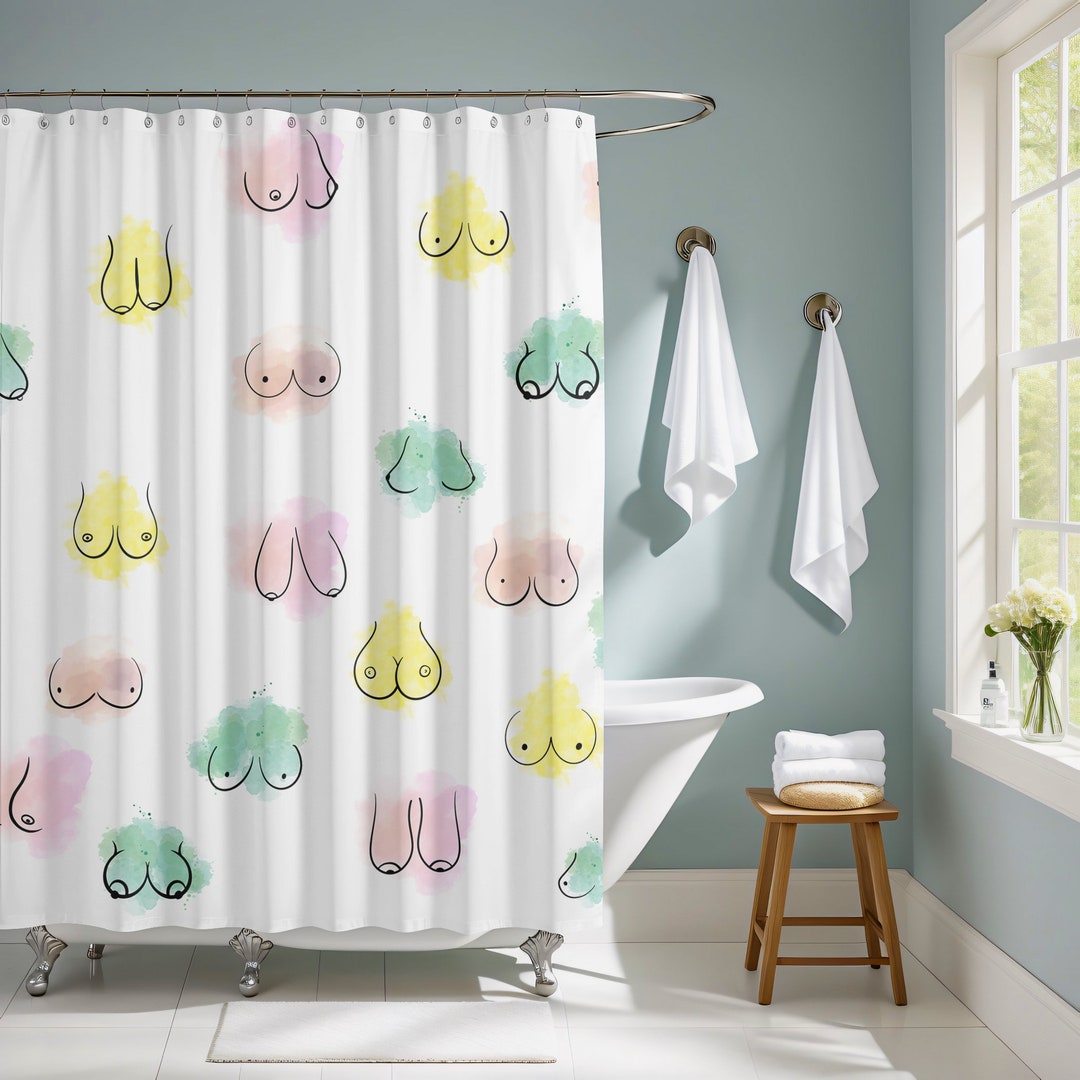 Funny Boobs Hilarious Sexy Shower Curtain White Green Yellow Etsy