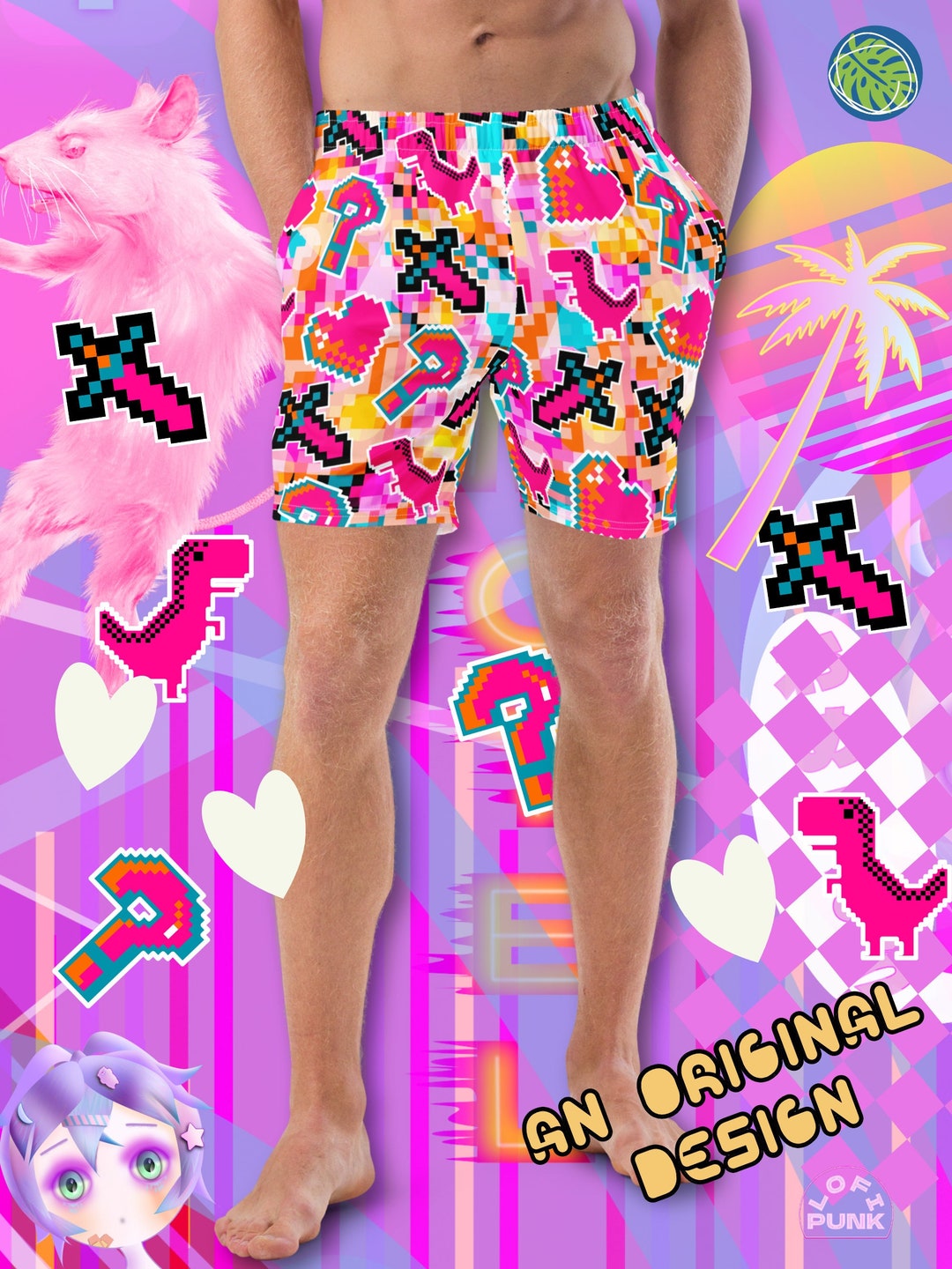 Mens Swim Trunks Patterned Harajuku Pop Kei Swimwear, Pixelated Pop Art ...
