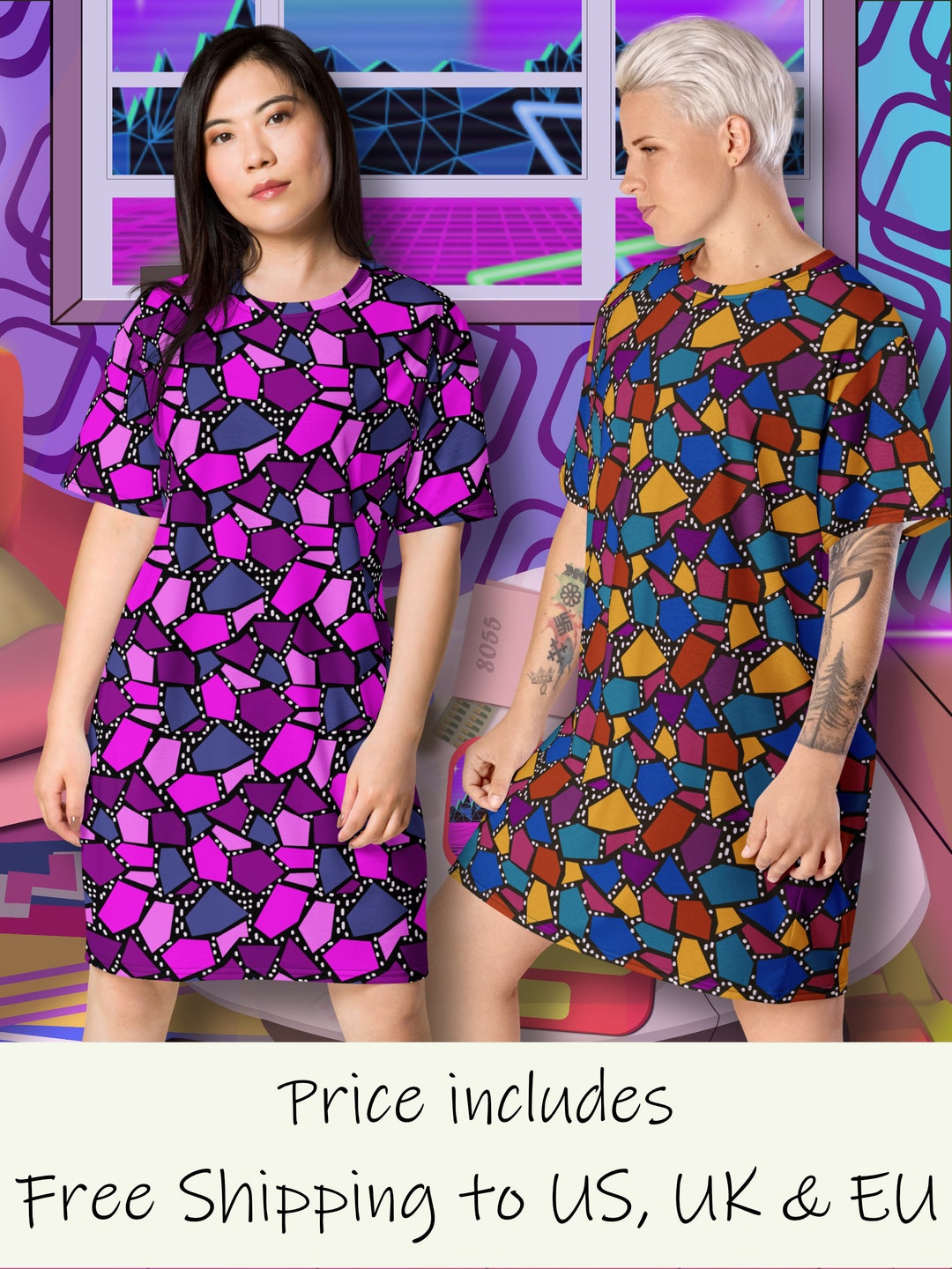 T-shirt Dress Neoncore EDM Rave, 90s Memphis Design Printed Outrun ...