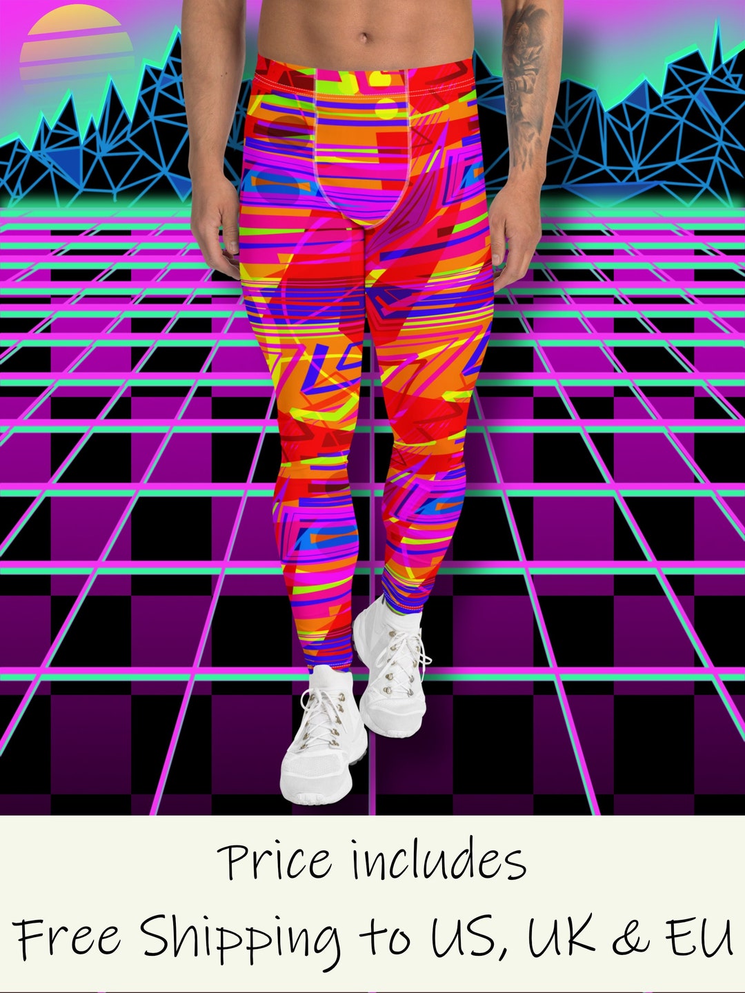 Mens Leggings Orange Neoncore EDM Rave, Printed Outrun Meggings, Mens ...