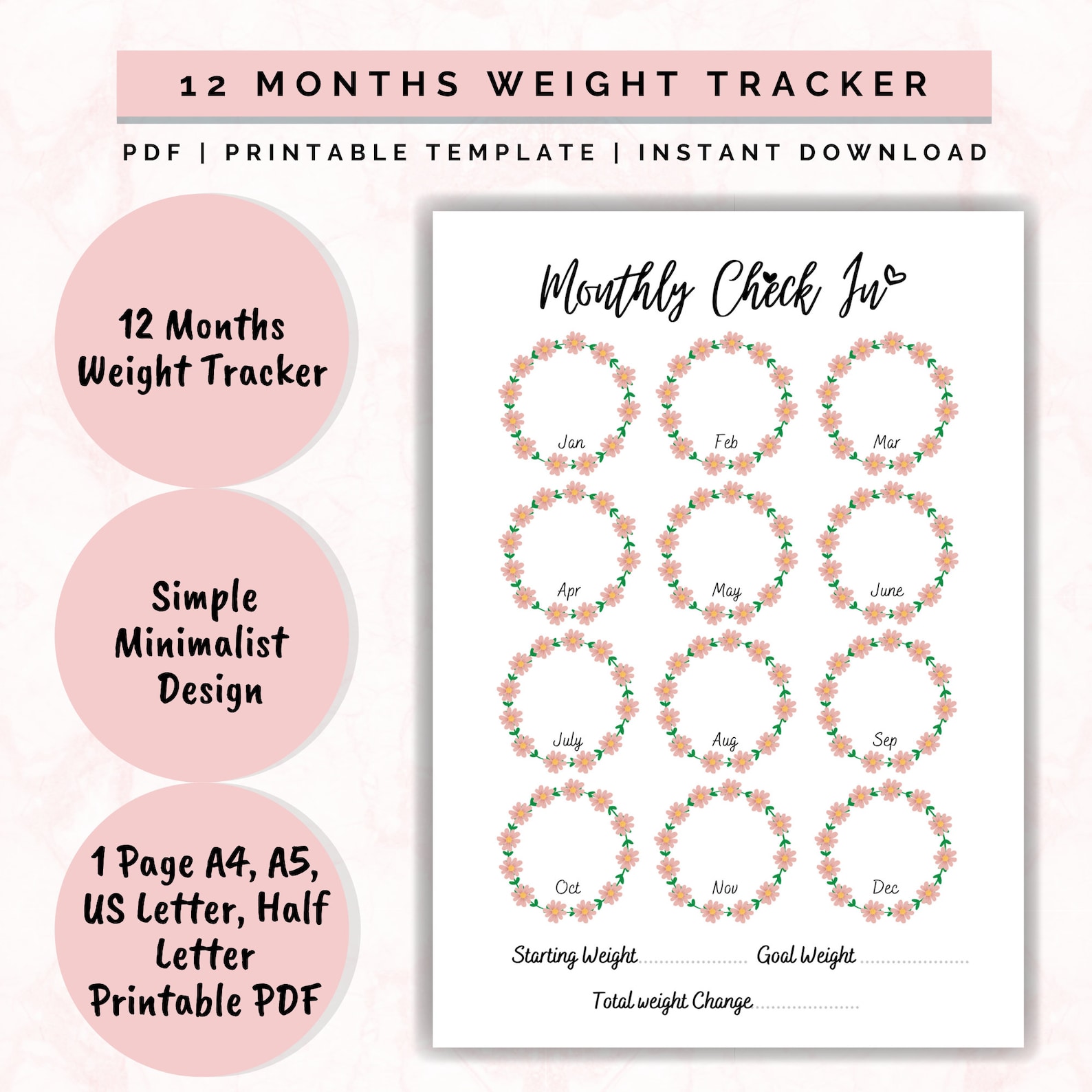 Weight Tracker 12 Month, Weight Loss Chart, Motivational Chart, Weight ...