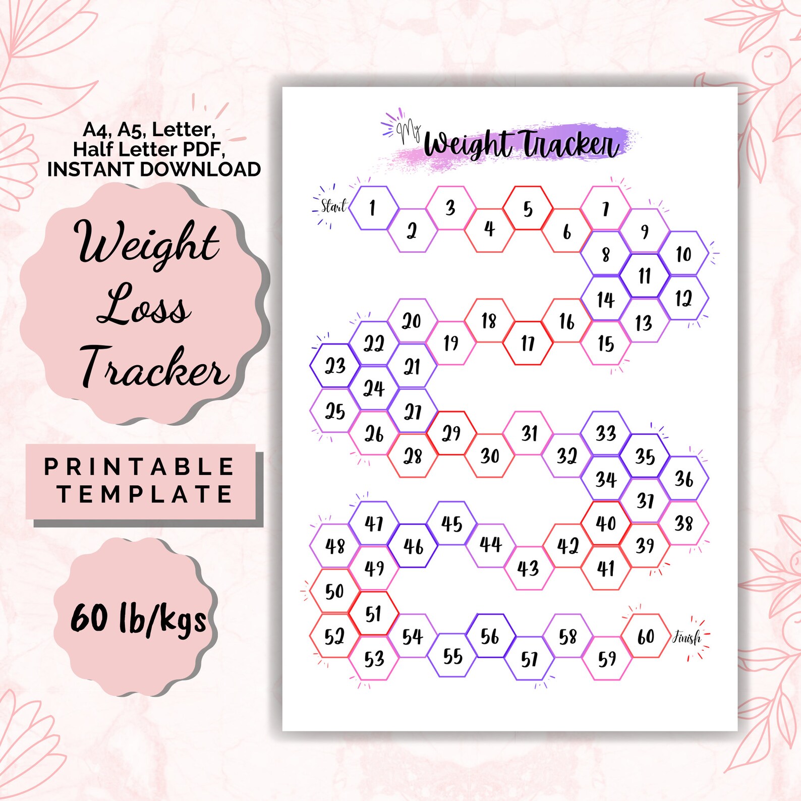 Weight Loss 60 Lb/kg, Weight Loss Tracker, Weight Loss Planner, Weight ...
